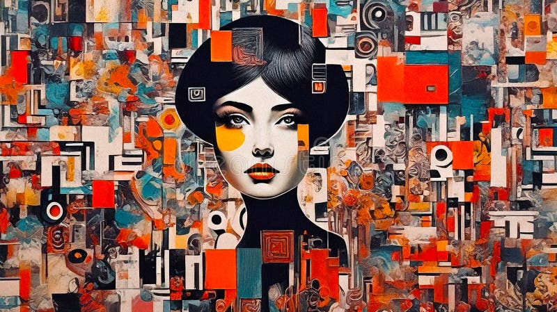 Modern Collage Portrait of a Woman, Colorful Squares in Minimalist Art ...