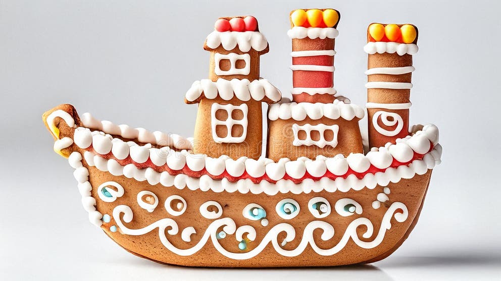 Festive Christmas Gingerbread Boat with Holiday Decorations Stock ...