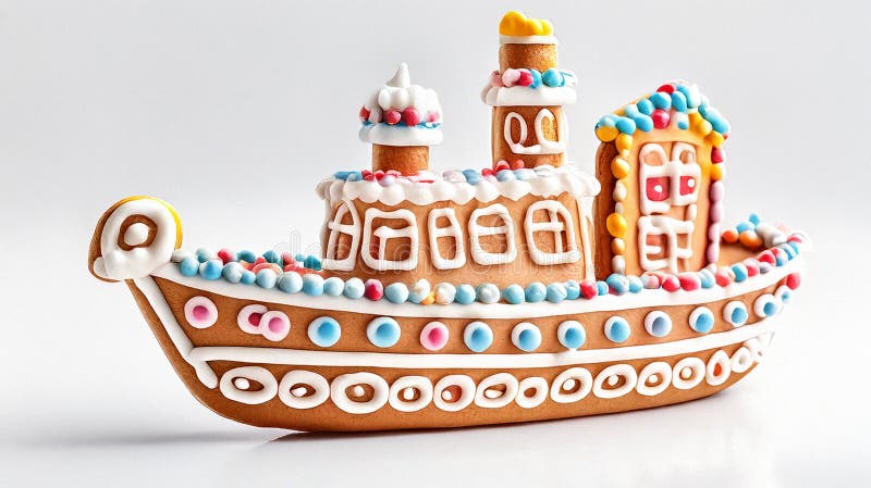 Festive Christmas Gingerbread Boat with Holiday Decorations Stock ...