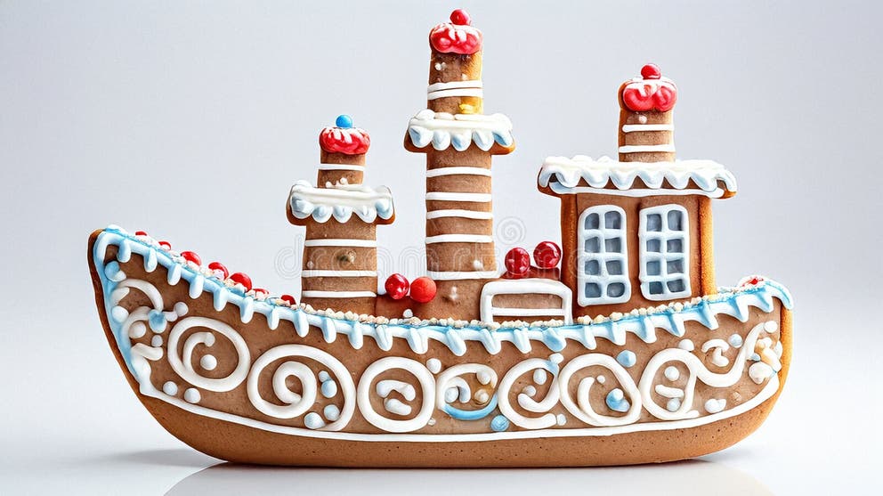 Festive Christmas Gingerbread Boat with Holiday Decorations Stock ...