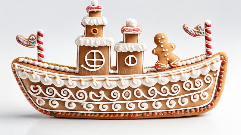 Festive Christmas Gingerbread Boat with Holiday Decorations Stock ...