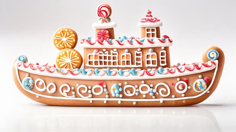 Festive Christmas Gingerbread Boat with Holiday Decorations Stock ...
