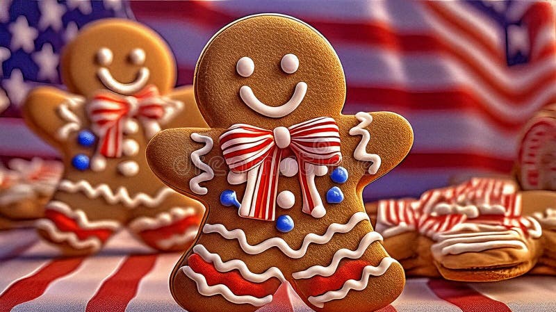 Patriotic Gingerbread Man with American Flag Icing and Blurred ...