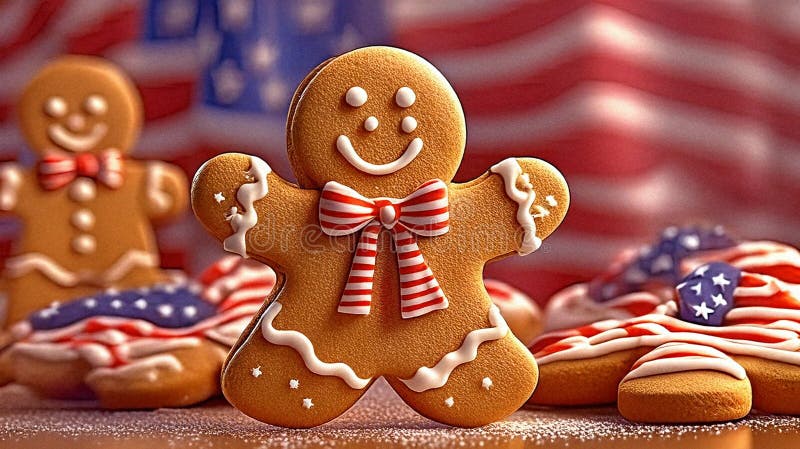 Patriotic Gingerbread Man with American Flag Icing and Blurred ...