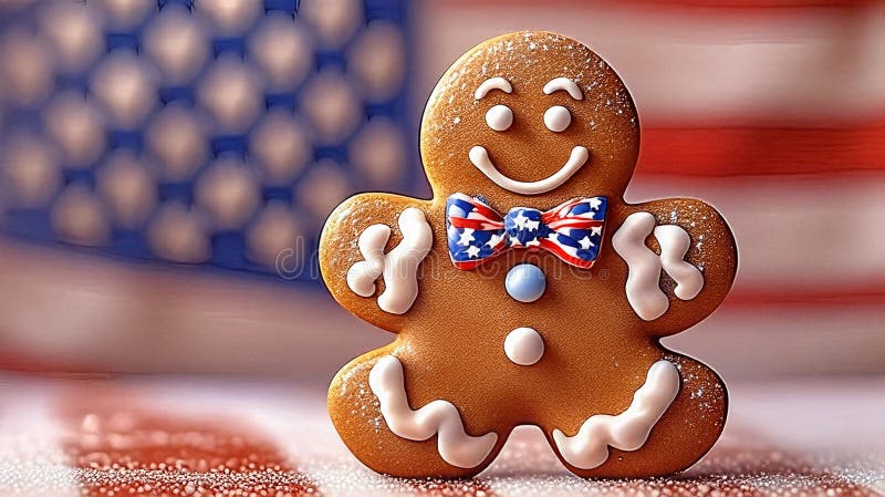Patriotic Gingerbread Man with American Flag Icing and Blurred ...