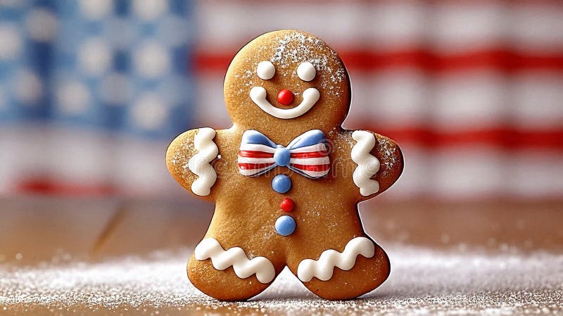 Patriotic Gingerbread Man with American Flag Icing and Blurred ...