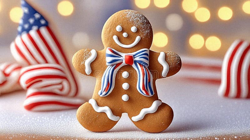 Patriotic Gingerbread Man with American Flag Icing and Blurred ...