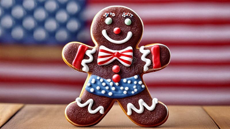 Patriotic Gingerbread Man with American Flag Icing and Blurred ...