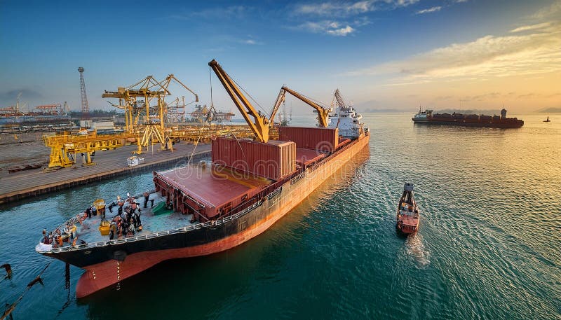 Workers Loading Containers of Rice Onto Cargo Ship at Port Stock ...