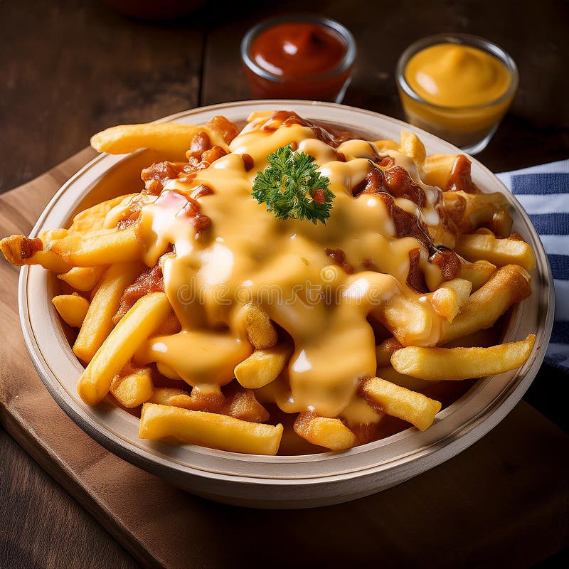 Super Fat Fries with Cheese in Sauce Name Poutine from Quebec Stock ...
