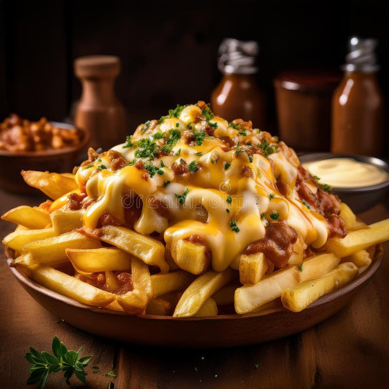 Super Fat Fries with Cheese in Sauce Name Poutine from Quebec Stock ...