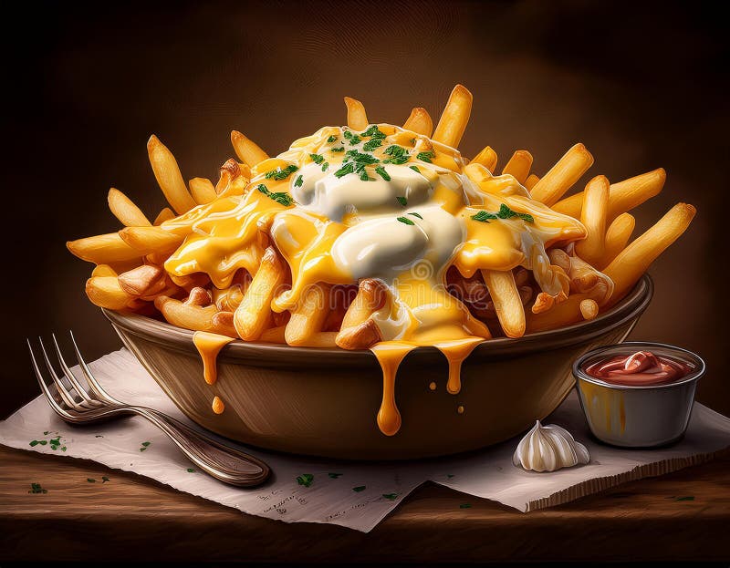 Super Fat Fries with Cheese in Sauce Name Poutine from Quebec Stock ...