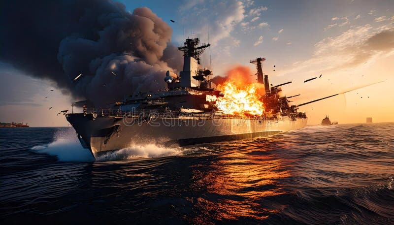 Firing Battleship is Hit by the Enemy. Stock Image - Image of waves ...