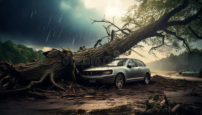 A Car is Hit by an Uprooted Tree. Stock Image - Image of tornado, power ...
