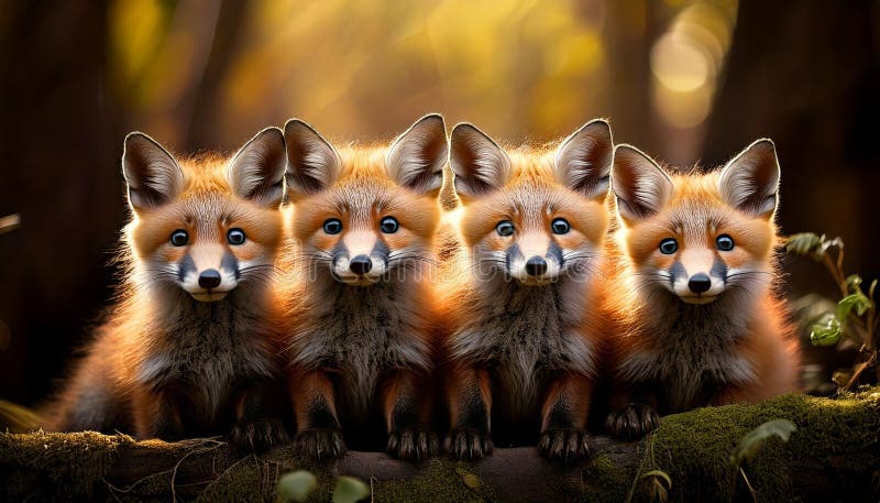 Four Little Foxes Looking Curiously. AI-Generated Image Stock Image ...