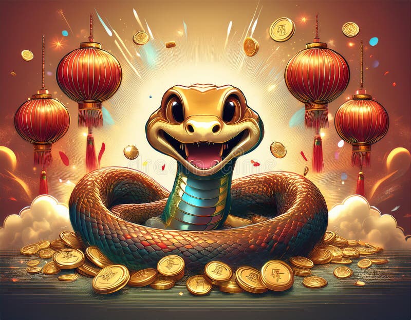 Cheerful Snake Celebrating Chinese New Year with Gold Coins Stock ...