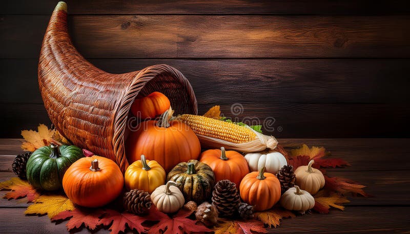 Thanksgiving Cornucopia Filled with Autumn Pumpkins and Vegetables ...