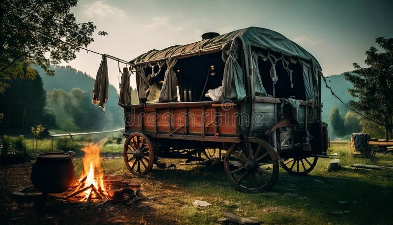 Gypsy Carriage with Camp Fire. AI-Generated Image Stock Photo - Image ...