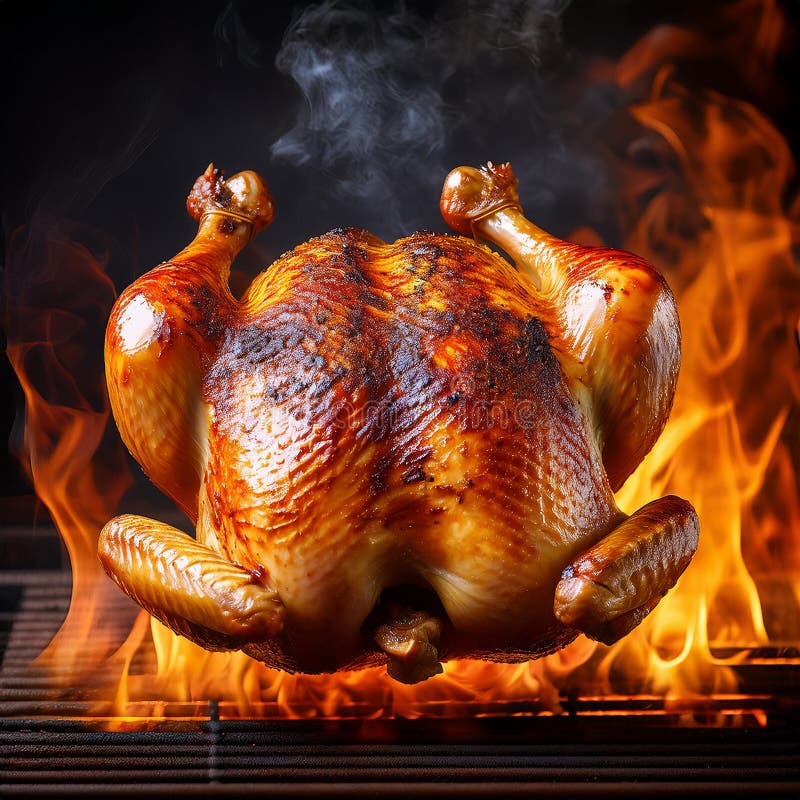 A Roast Chicken Being Cooked with Over a Blazing Hot Fire. Stock ...
