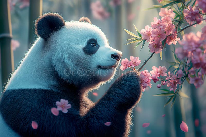 Panda with Cherry Blossom Background. Cute Cartoon Character Stock ...