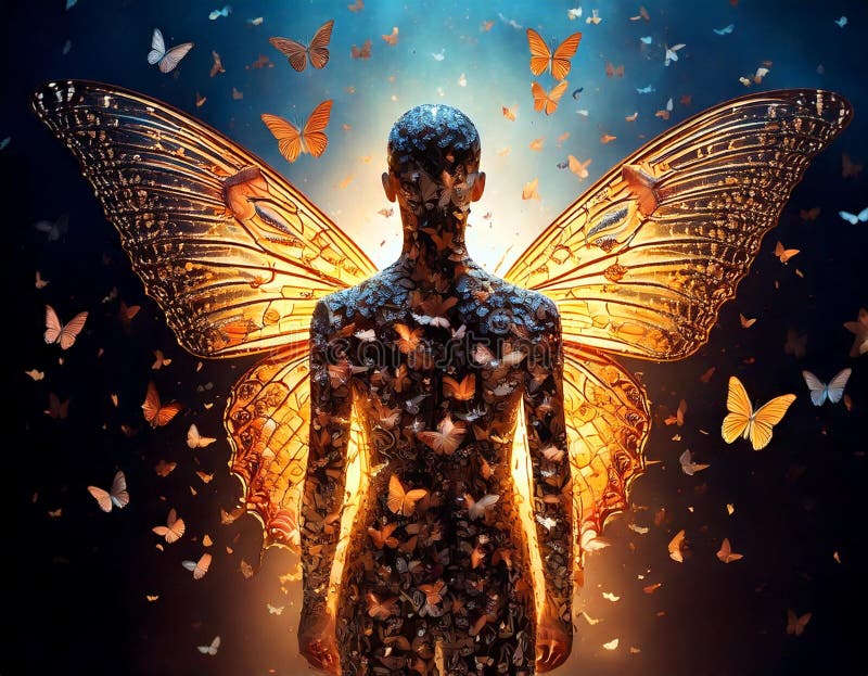 A Human Transformed into Glowing Butterflies Stock Illustration ...