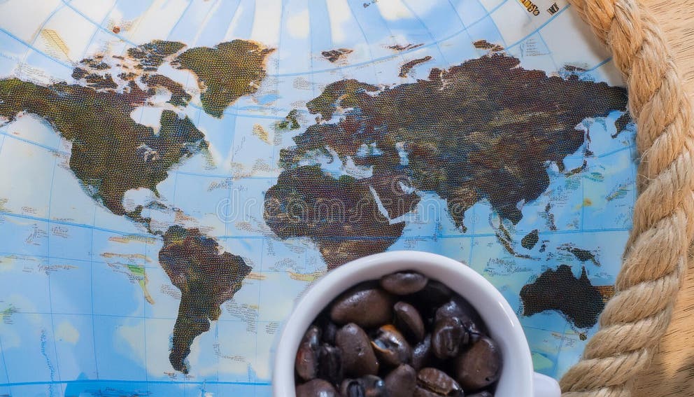 Coffee Beans World Drink. Coffee with Beans and a World Map Stock ...