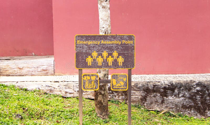 Signs Brown Wood Old Symbol Emergency Assembly Point. Stock Image ...
