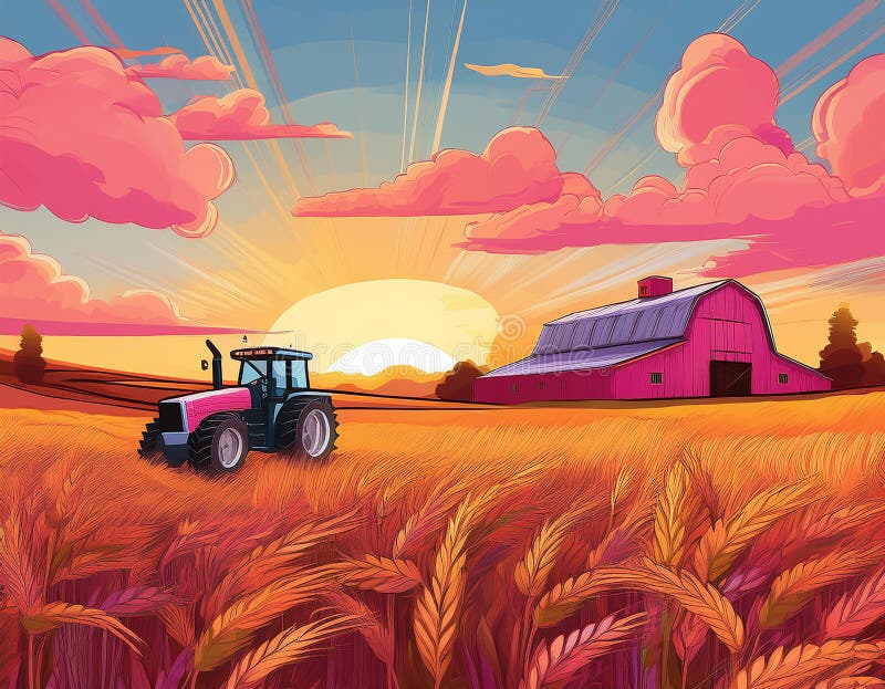 Vibrant Sunset Over a Farm with a Pink Tractor in a Golden Wheat Field ...