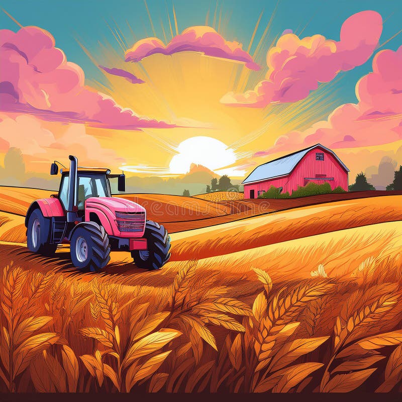 Vibrant Sunset Over a Farm with a Pink Tractor in a Golden Wheat Field ...
