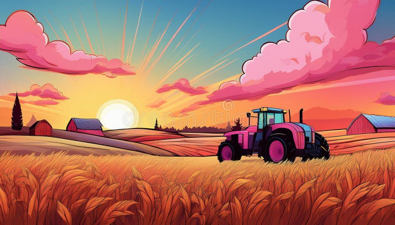 Vibrant Sunset Over a Farm with a Pink Tractor in a Golden Wheat Field ...