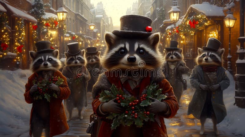 Victorian Raccoons Celebrating Christmas with Holly Decorations Stock ...