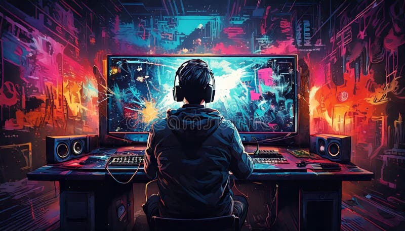 Cyber Gamer in Action Immersive Digital World Stock Illustration ...