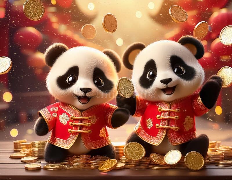Two Toy Panda Bears, Smiling, Dressed in Traditional Clothes Playing ...