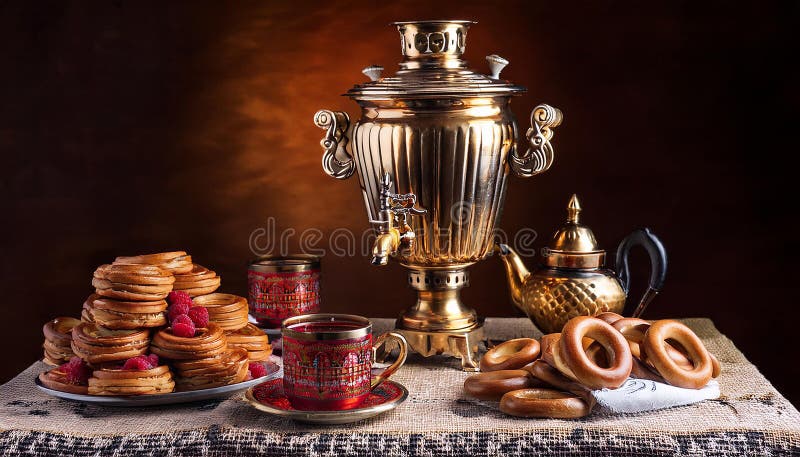Traditional Russian Tea from Samovar with Cakes, Bagels and Raspberry ...