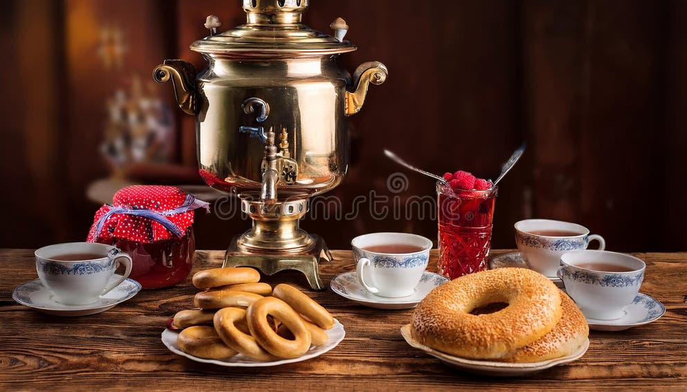 Traditional Russian Tea from Samovar with Cakes, Bagels and Raspberry ...