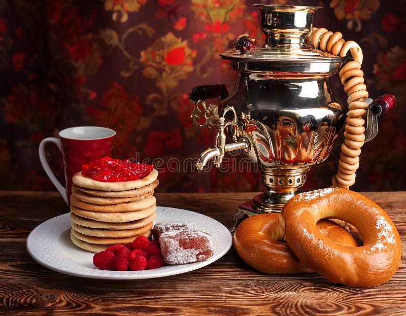 Traditional Russian Tea from Samovar with Cakes, Bagels and Raspberry ...