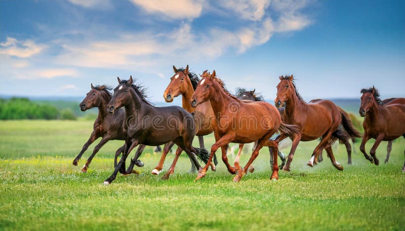 Group of Horse Run. Horse Herd Run in Beautiful Green Meadow Stock ...