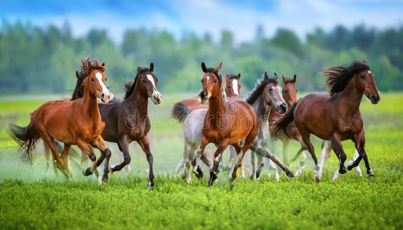 Group of Horse Run. Horse Herd Run in Beautiful Green Meadow Stock ...