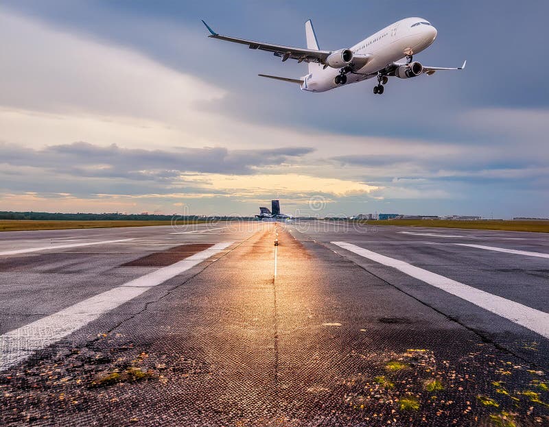 Passenger Airplane Landing on Runway in Airport Stock Illustration ...