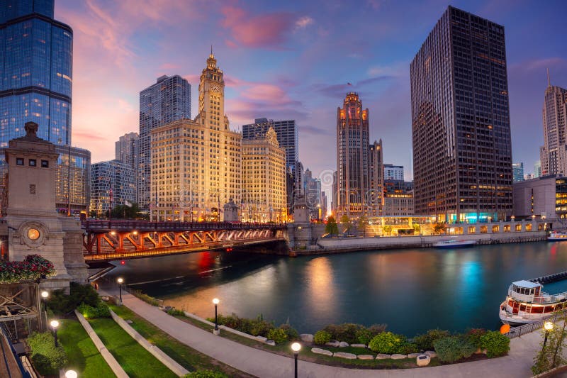 Chicago, Illinois, USA at Dramatic Stormy Sunset. Stock Photo - Image ...