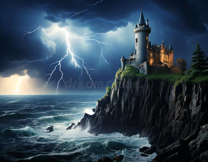 Wizard Tower Background on a Stormy Cliff Stock Illustration ...