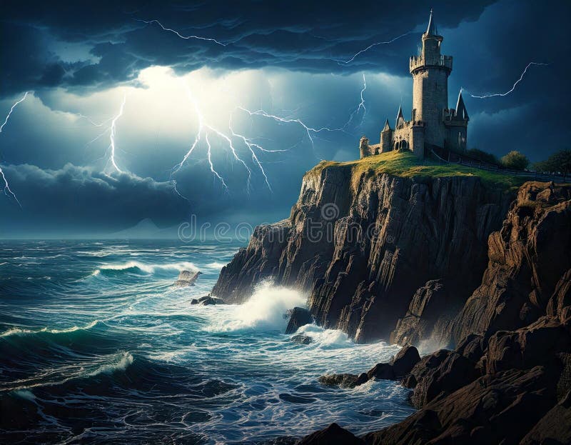 Wizard Tower Background on a Stormy Cliff Stock Illustration ...
