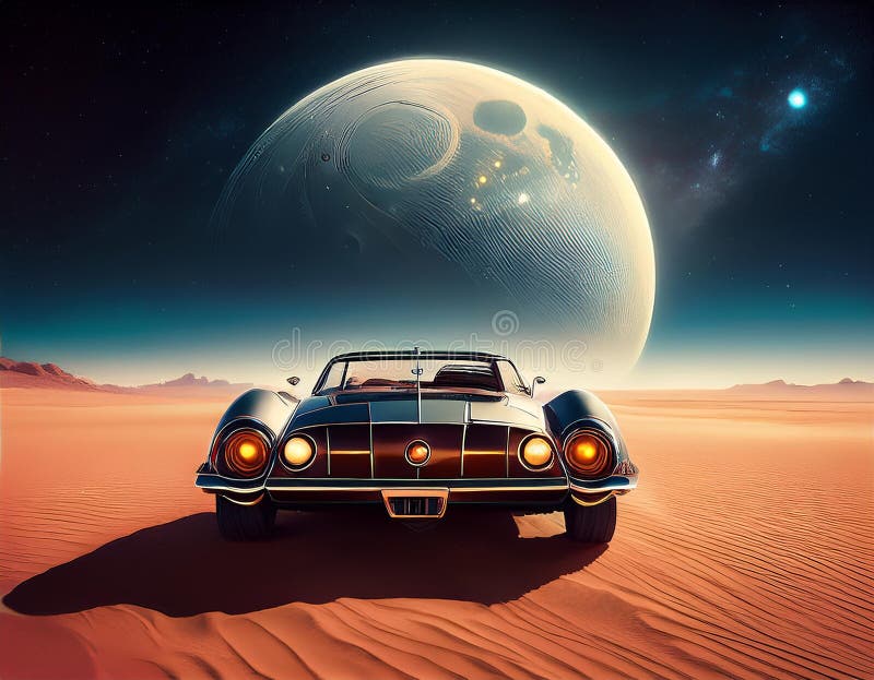 Retro Futuristic Car in Desert with Large Moon Illustration Stock ...