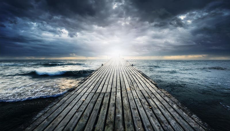 Old Wooden Jetty during Storm on the Ocean. Abstract Light at the End ...