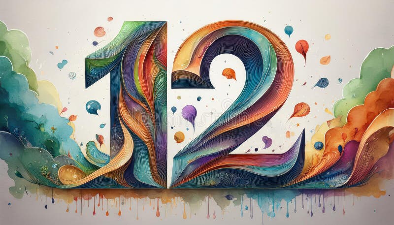 Colorful Whimsy: Watercolor Number 12 Painting with White Background ...
