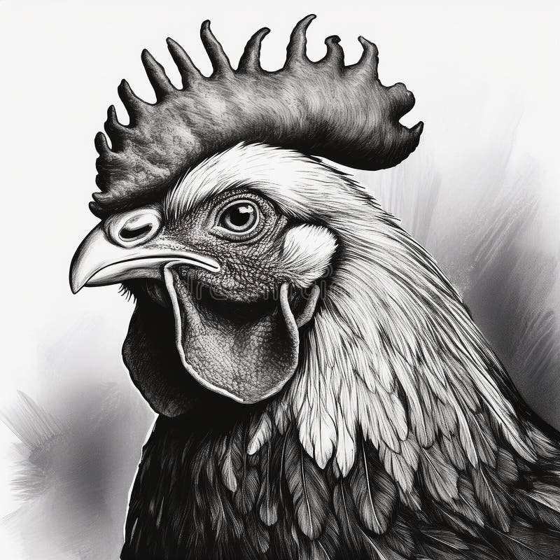 Photorealistic Black and White Rooster Head Drawing. Stock Illustration ...