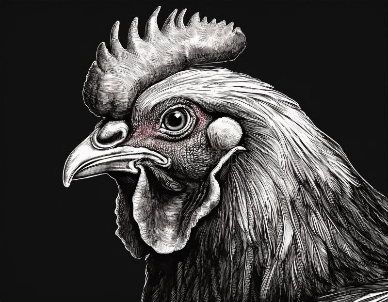 Photorealistic Black and White Rooster Head Drawing. Stock Illustration ...