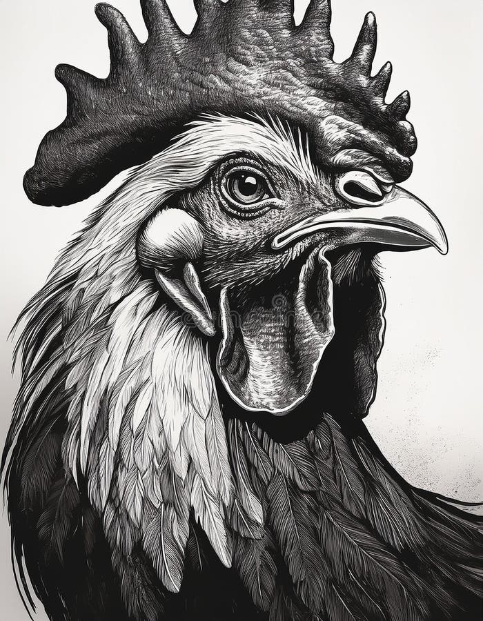 Photorealistic Black and White Rooster Head Drawing. Stock Illustration ...