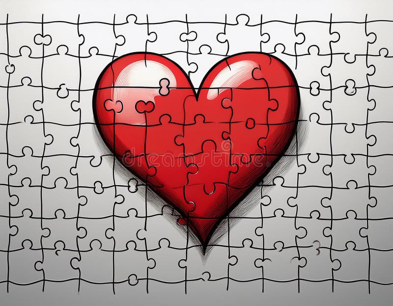 Hand Drawn Heart in a Puzzle. Drawing of Red Heart on Puzzles, One ...