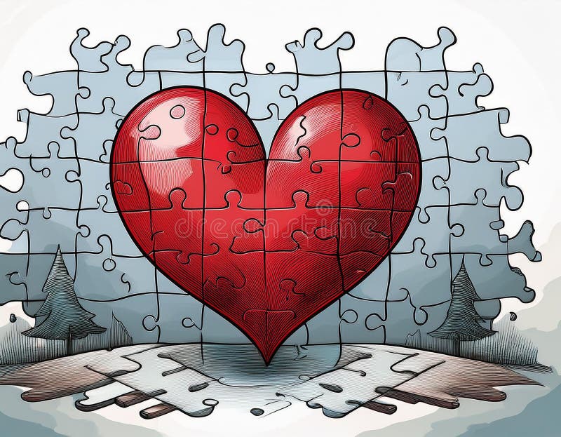 Hand Drawn Heart in a Puzzle. Drawing of Red Heart on Puzzles, One ...